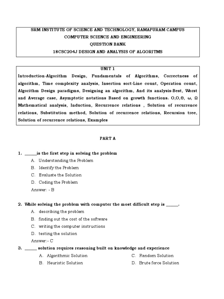 Daa Question Bank Srmist | PDF | Dynamic Programming | Time Complexity