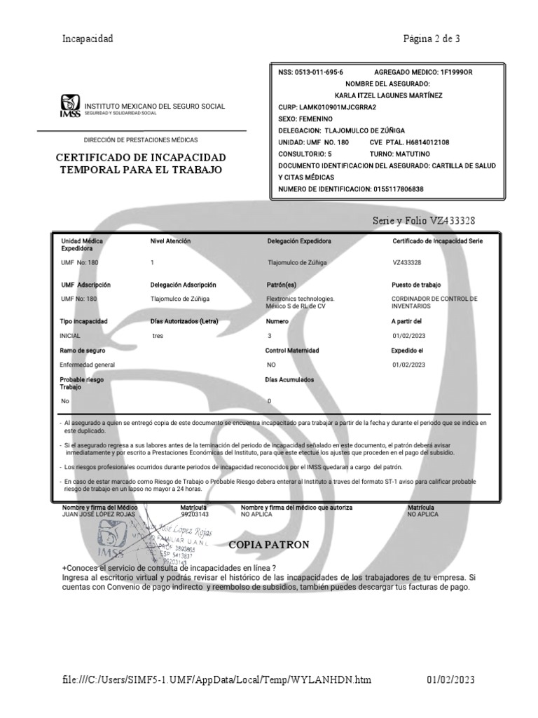 Formato de Incapacidad IMSS 2023 | PDF