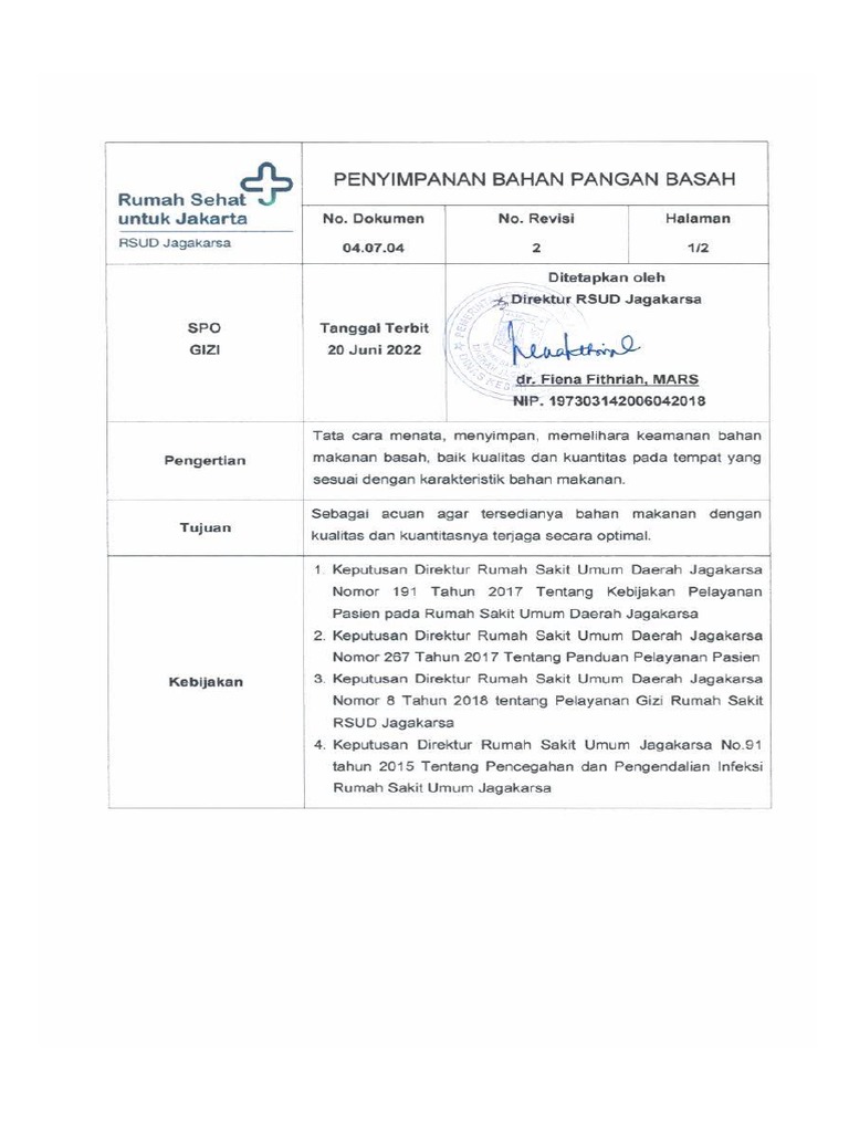 SPO Penyimpanan Bahan Pangan Basah | PDF