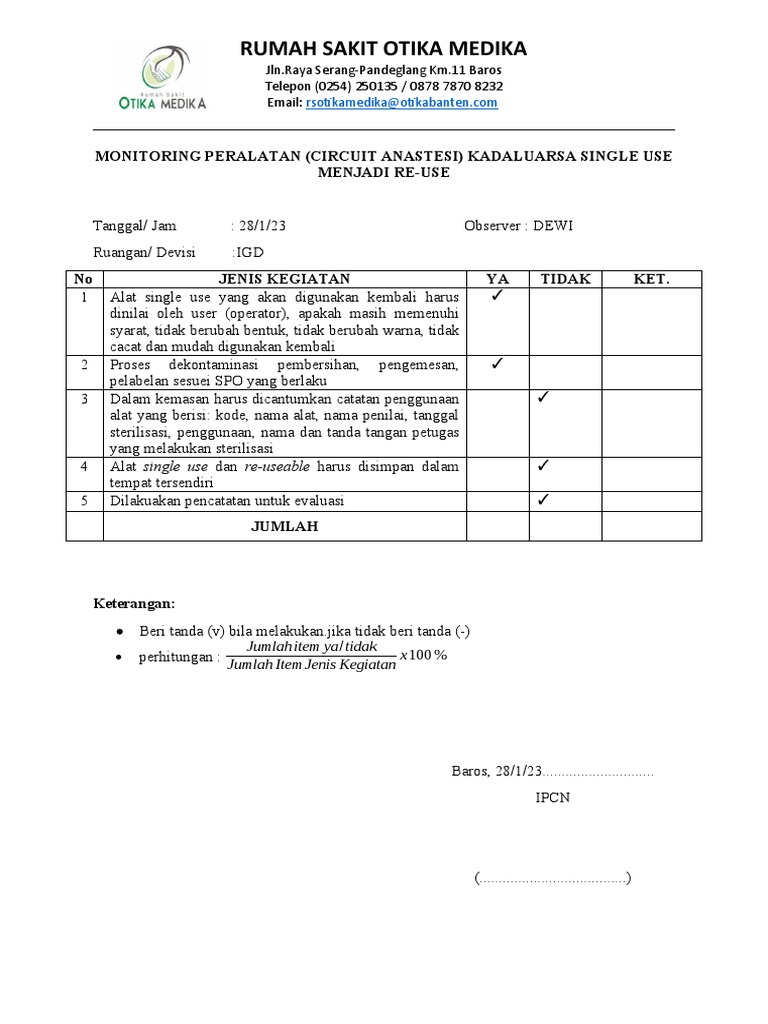 LEMBAR Monitoring Peralatan Single Use Menjadi Reuse IGD.docx | PDF