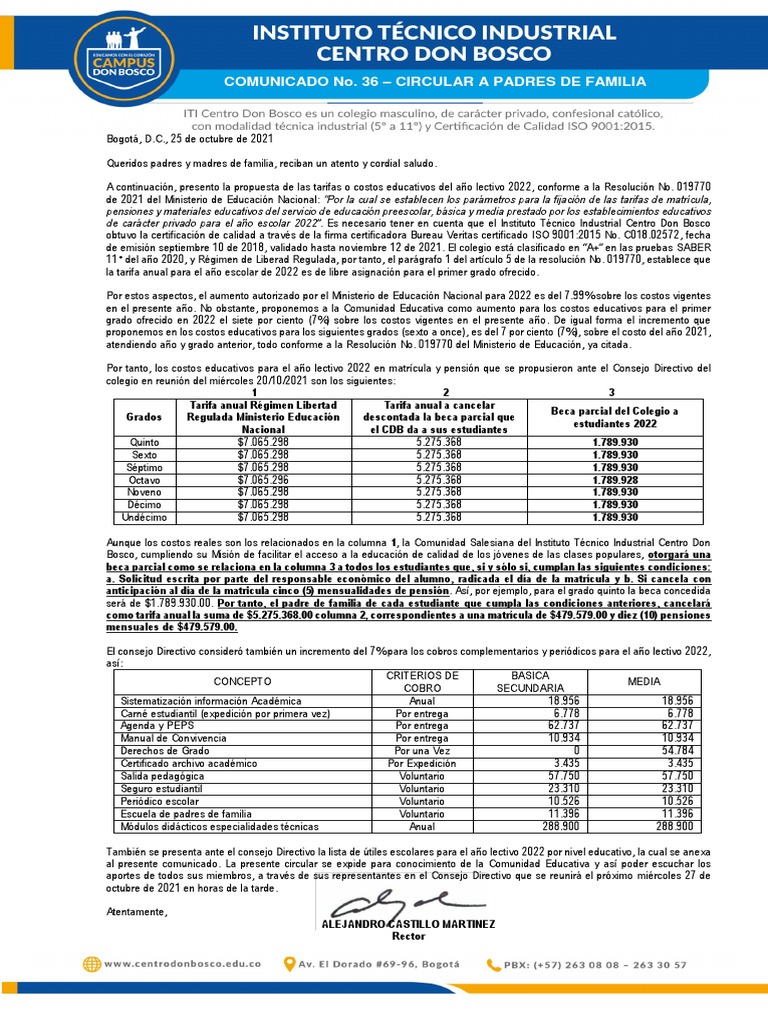 COMUNICADO No. 36 - Costos Educativos 2022 | PDF | Dibujo | Lápiz
