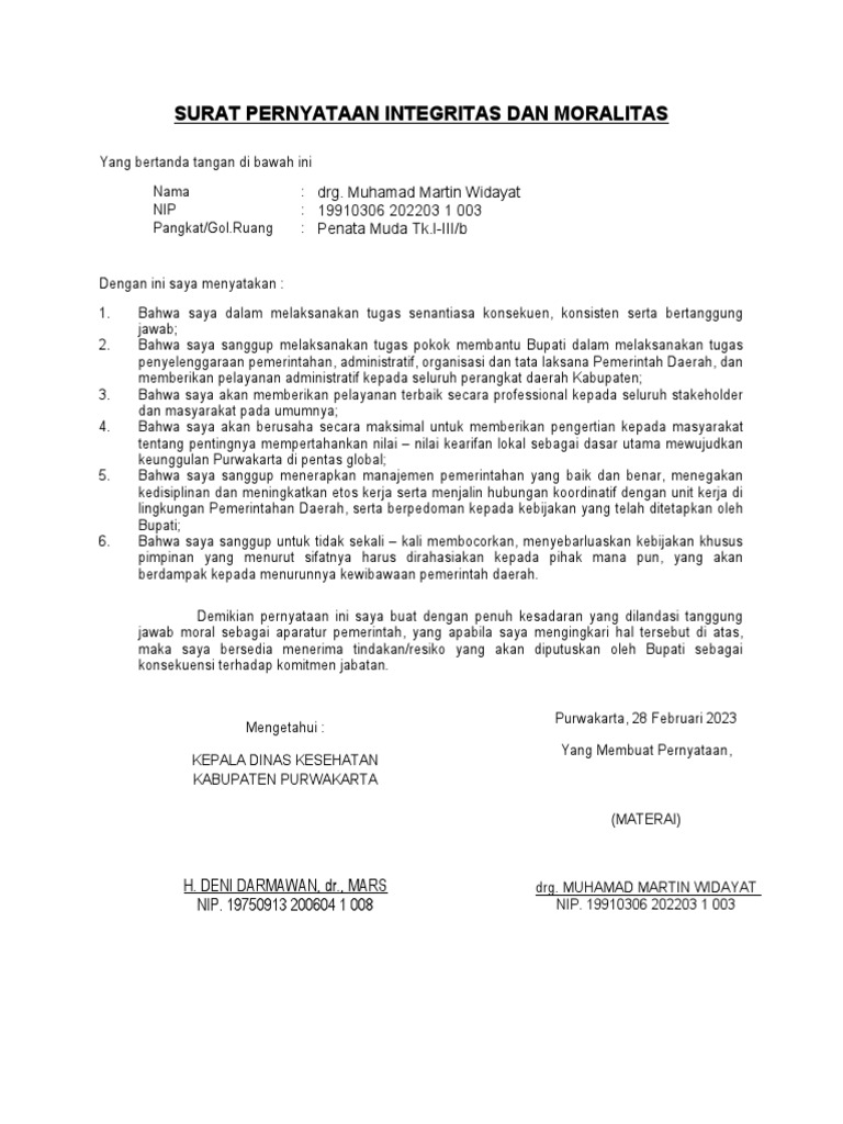 Surat Pernyataan Integritas Dan Moralitas | PDF
