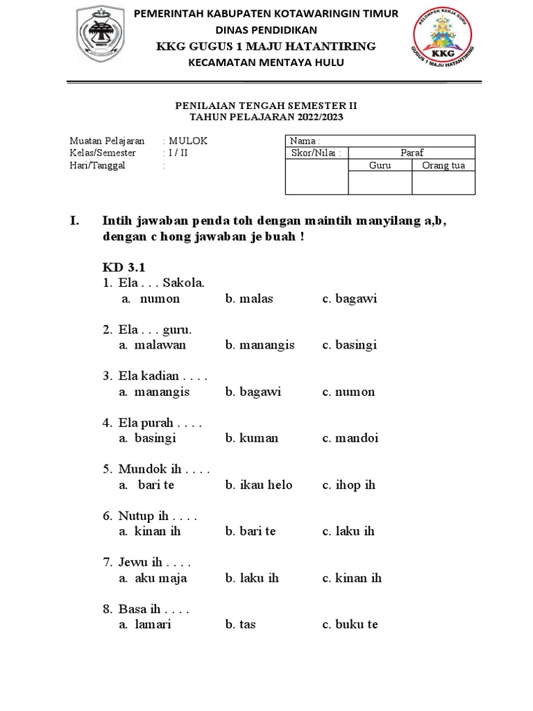 Soal Mulok Kelas 1 Semester 2 | PDF