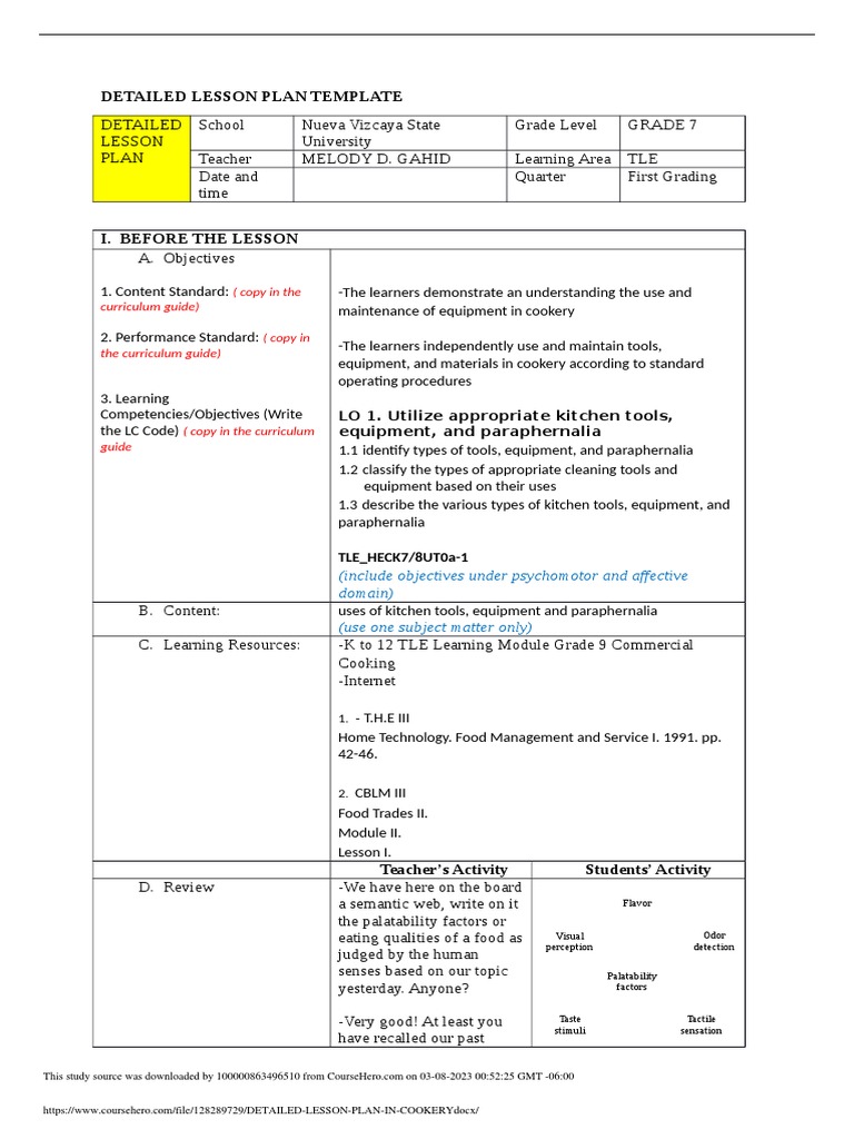 Detailed Lesson Plan in Cookery PDF | PDF | Spoon | Kitchen Utensil