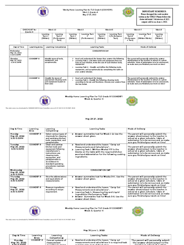 Weekly Home Learning Plan For COOKERY Grade 8 PDF | PDF | Occupational ...
