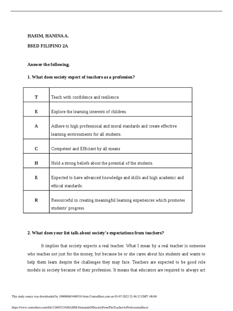HASIM DemandsOfSocietyFromTheTeacherAsProfessional PDF | PDF | Teachers | Knowledge
