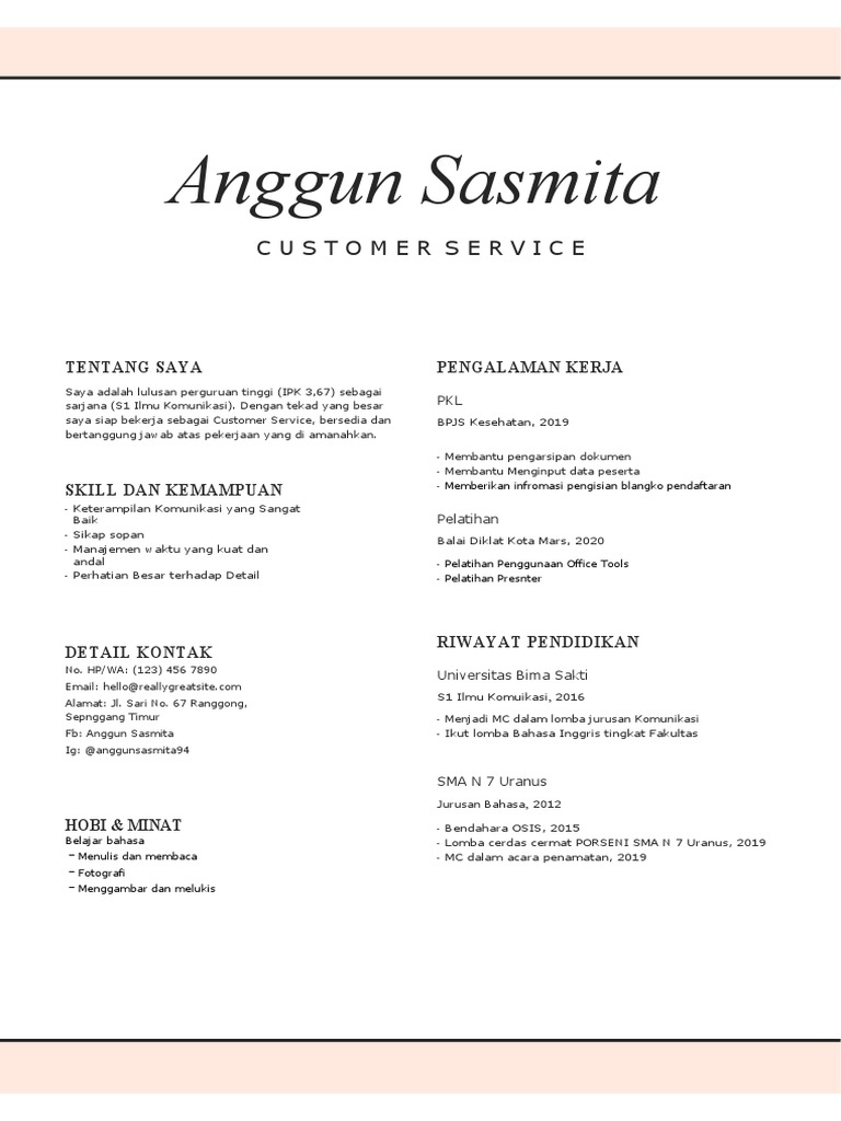 Contoh CV Untuk Customer Service Design Sederhana (Fresh Graduate) | PDF