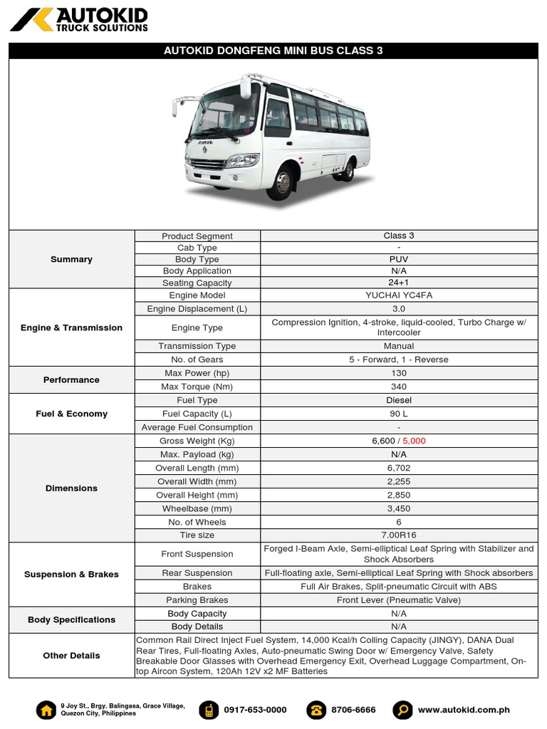 Autokid Dongfeng Mini Bus Specs | PDF | Axle | Diesel Engine
