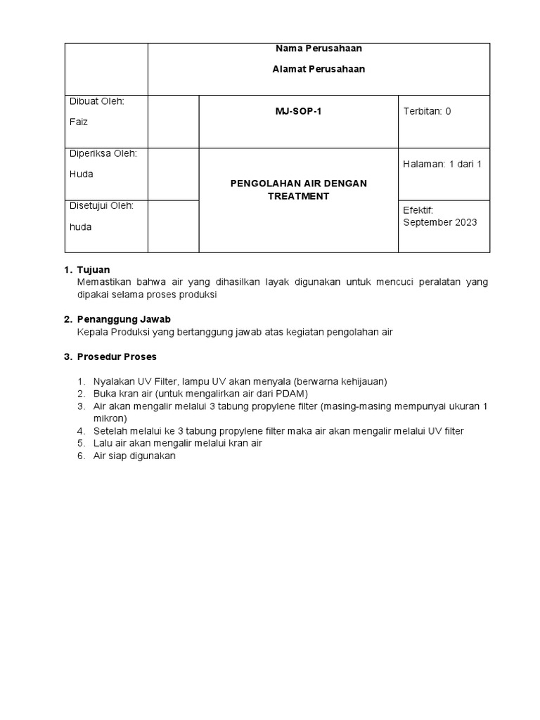 SOP-01-Pengolahan Air Dengan Treatment | PDF