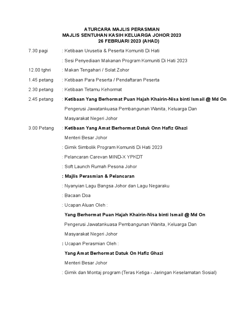Aturcara Majlis Sentuhan Kasih Keluarga Johor 2023 | PDF
