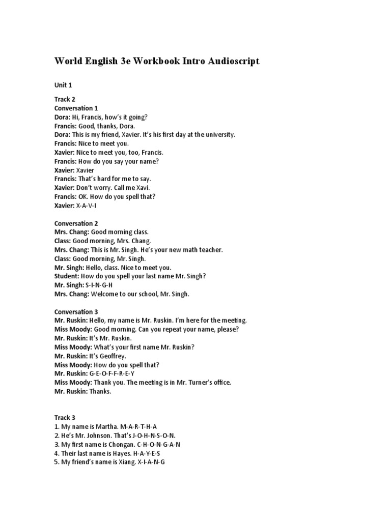 World English 3e Level Intro Workbook Audio Scripts | PDF | Room | Vegetables