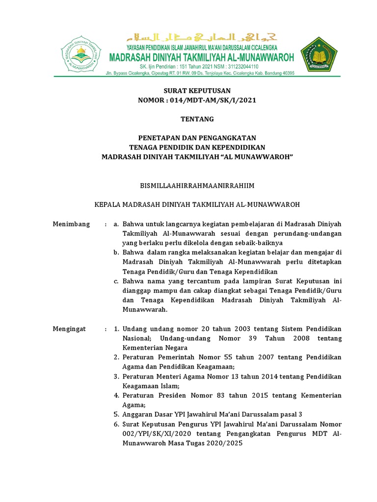 SK Pengangkatan Guru MDT - 2021 | PDF