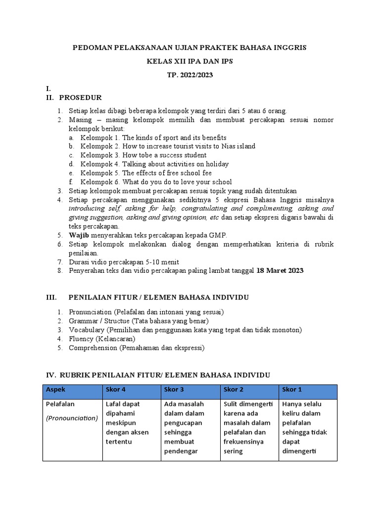 Pedoman Ujian Praktek B. Inggris Maret 2023 | PDF