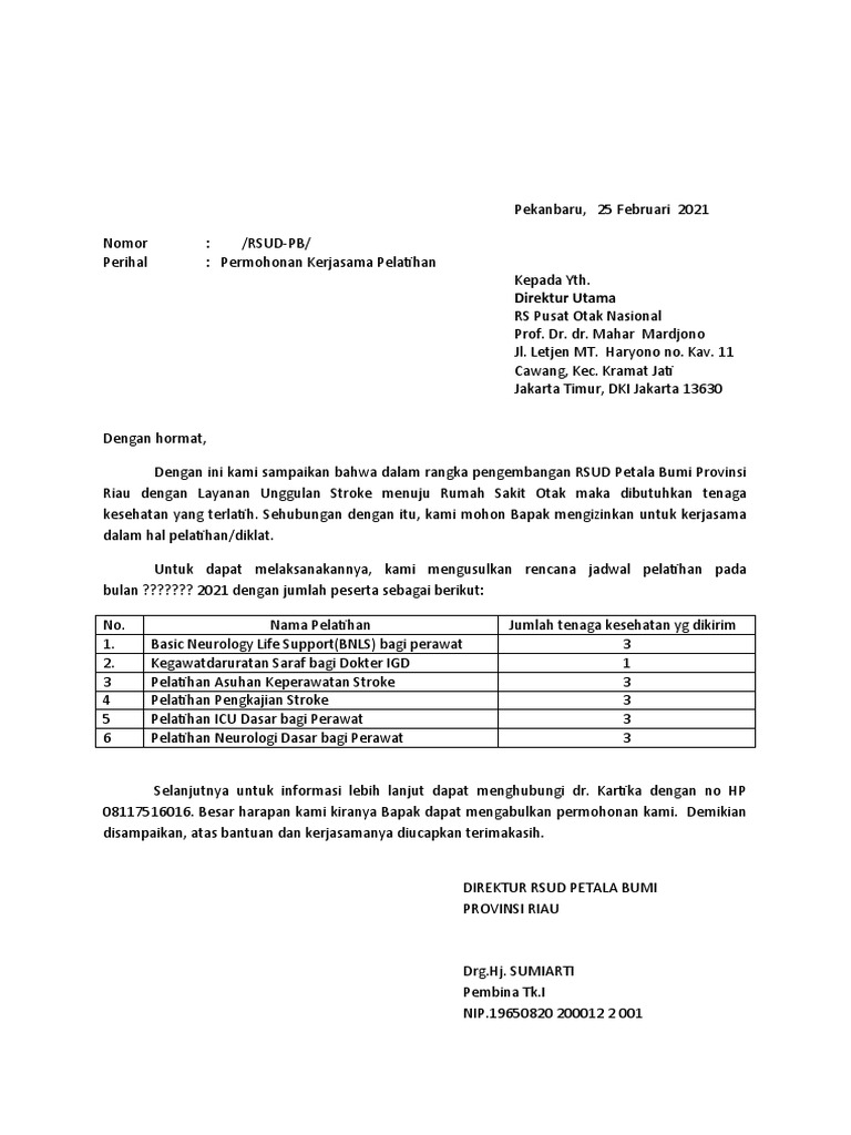 surat permohonan kerjasama pelatihan.docx | PDF