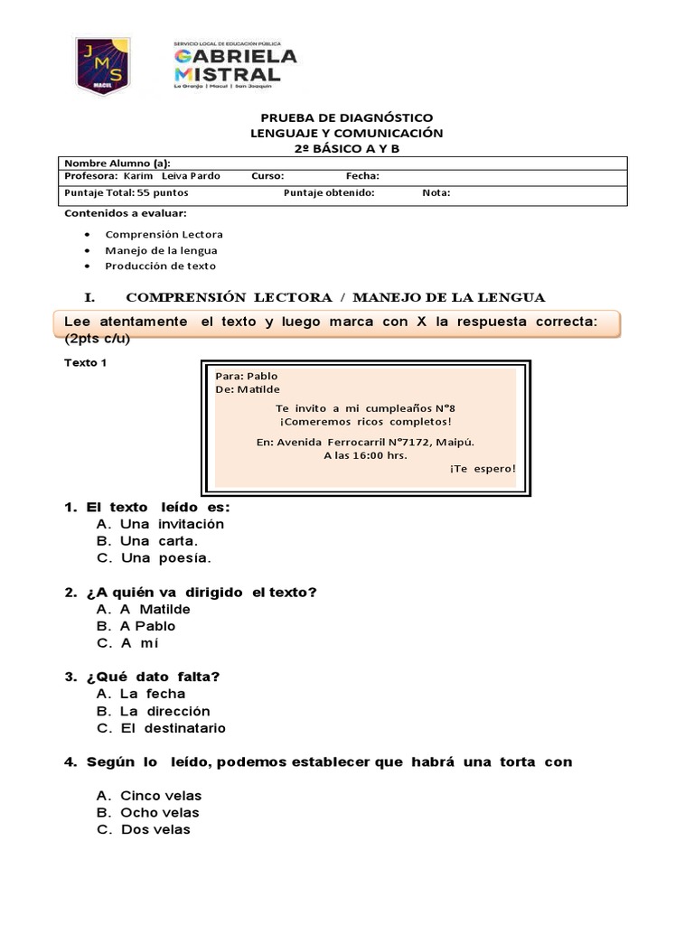 Prueba de Lenguaje 2º Básico | PDF | Comprensión lectora | Lingüística