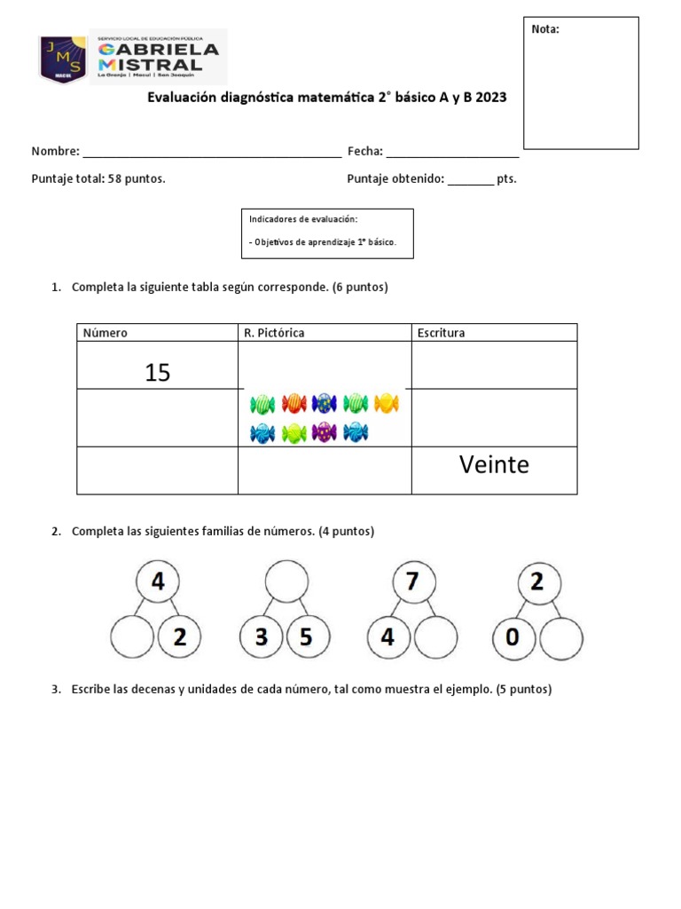 Evaluación diagnóstica de matemáticas de 2° básico: documento que ...
