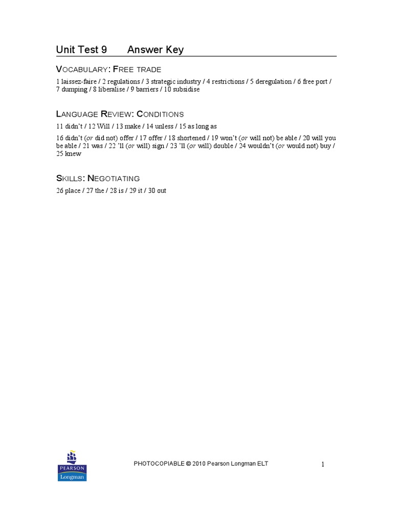 Unit Test 9 Answer Key | PDF