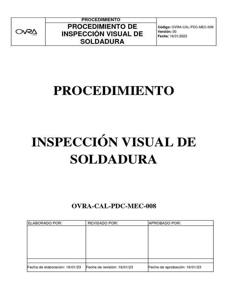 Procedimiento de Inspeccion Visual - Ok PDF | PDF | Soldadura | Construcción