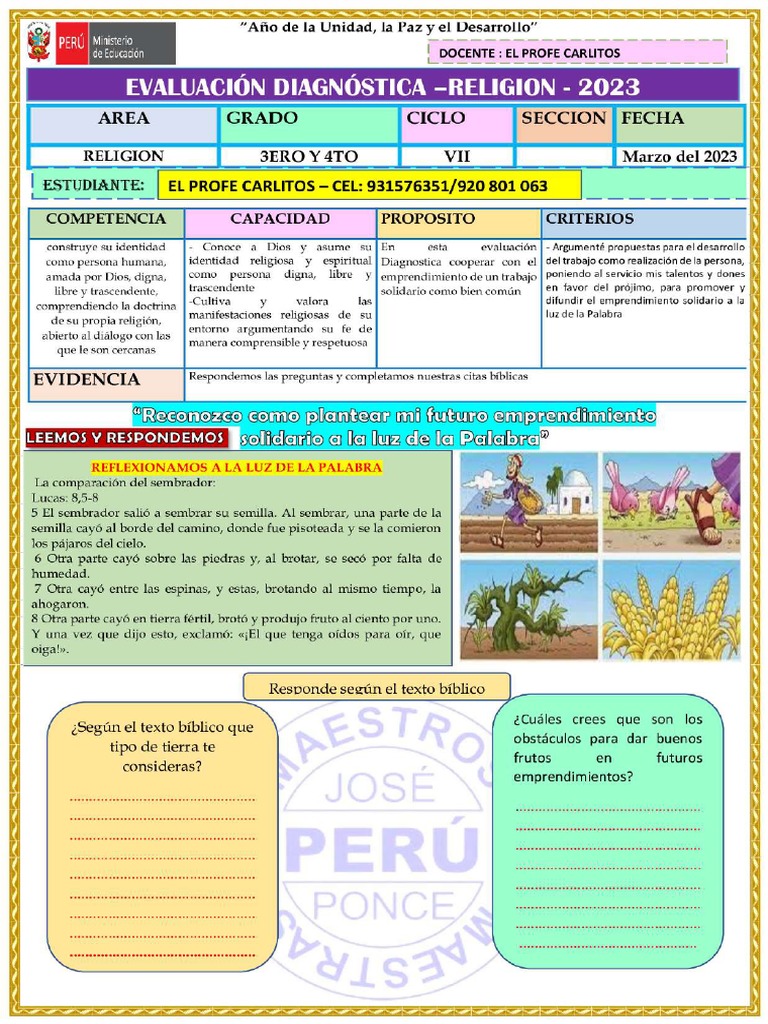Evaluacion Diagnostica - 3ero y 4to Grado - Religion | PDF