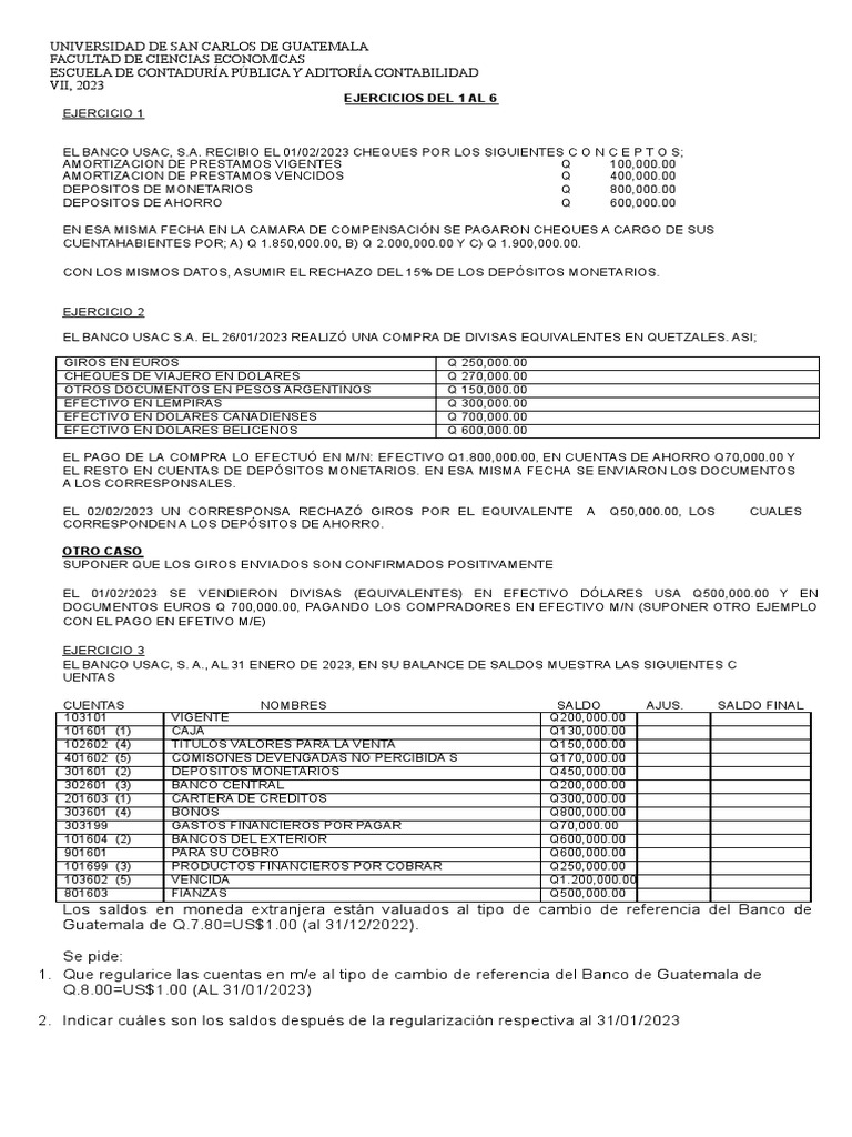 EJERCICIO DEL 1 AL 6.docx Contabilidad 7 | PDF | Bancos | Tipo de cambio