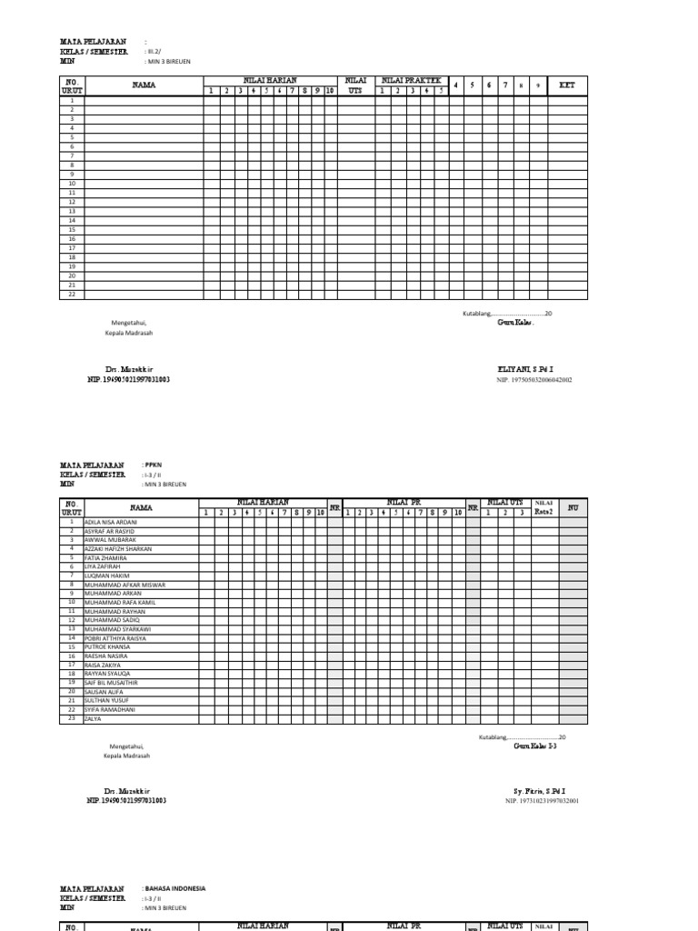 Contoh Leger Nilai Siswa Download Excel | PDF