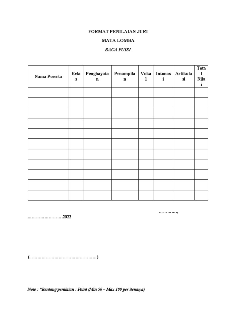 Format Penilaian Juri Baca Puisi | PDF
