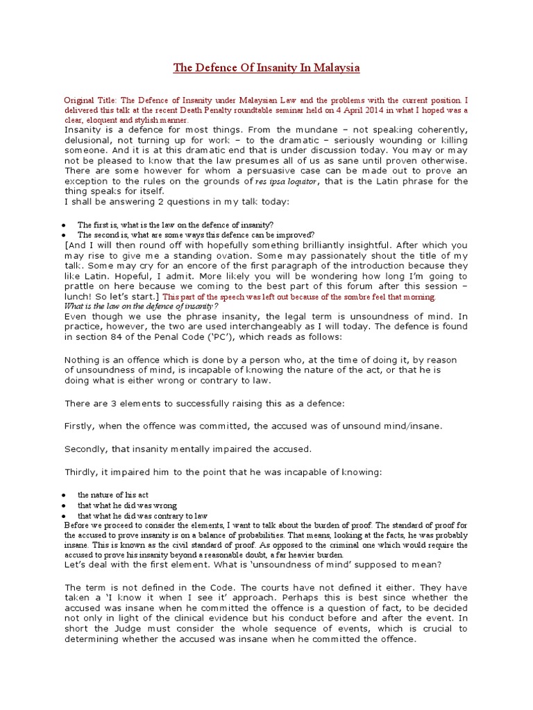 Insanity Defence in Malaysian Law | PDF | Insanity Defense | Burden Of ...