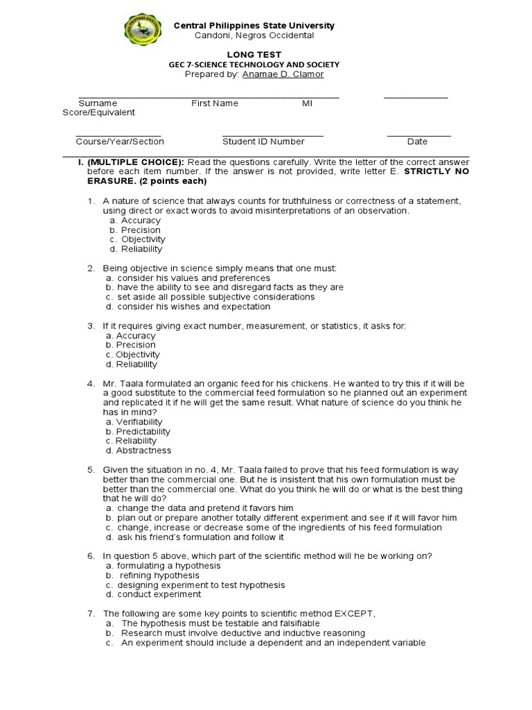 Gec 7 Long Test | PDF | Experiment | Science