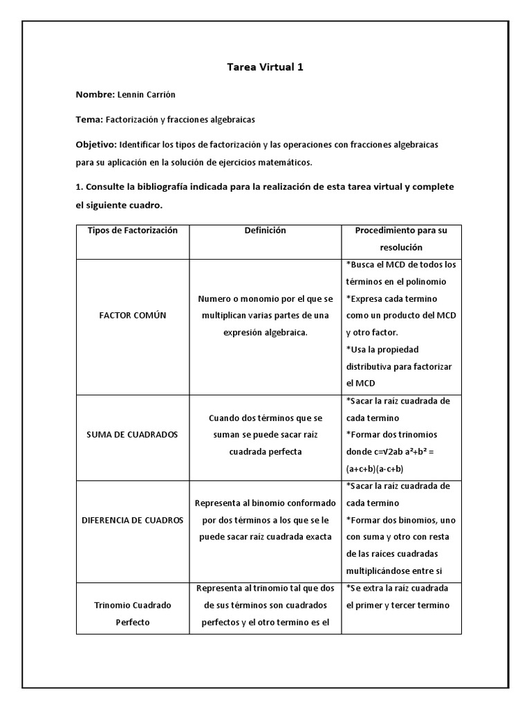 Tarea Virtual 1 Factorizacion PDF | PDF | Factorización | Multiplicación