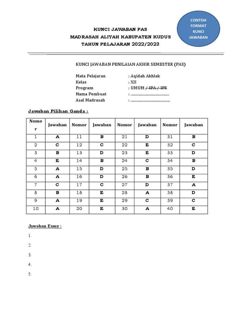 Contoh Format Kunci Jawaban Pas 2022 | PDF