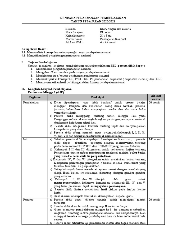 RPP Kelas Xi Sem 1 2020 - Bab 1 Pendapatan Nasional | PDF