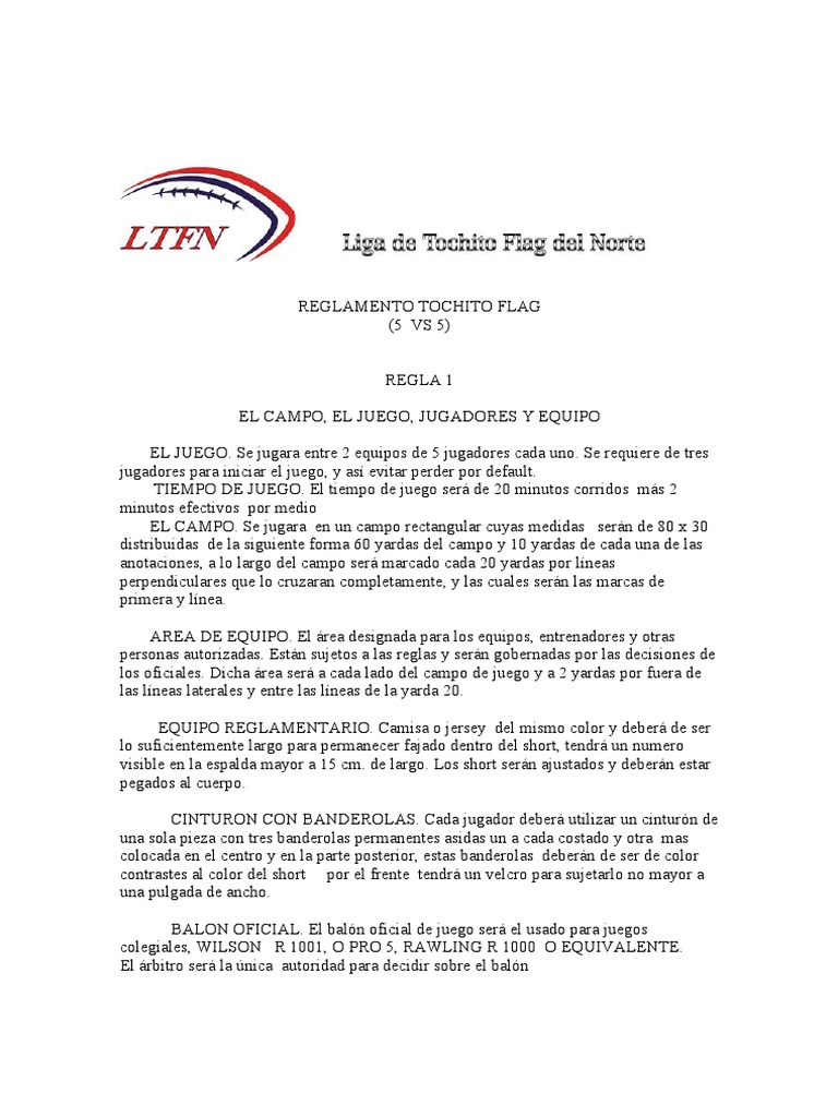 Reglamento del juego de flag football 5 vs 5 (Tochito Flag) | PDF ...