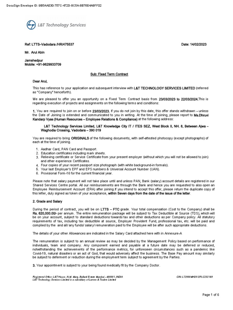Arul Offer of Employment - LT Technology Services | PDF | Trade Secret ...