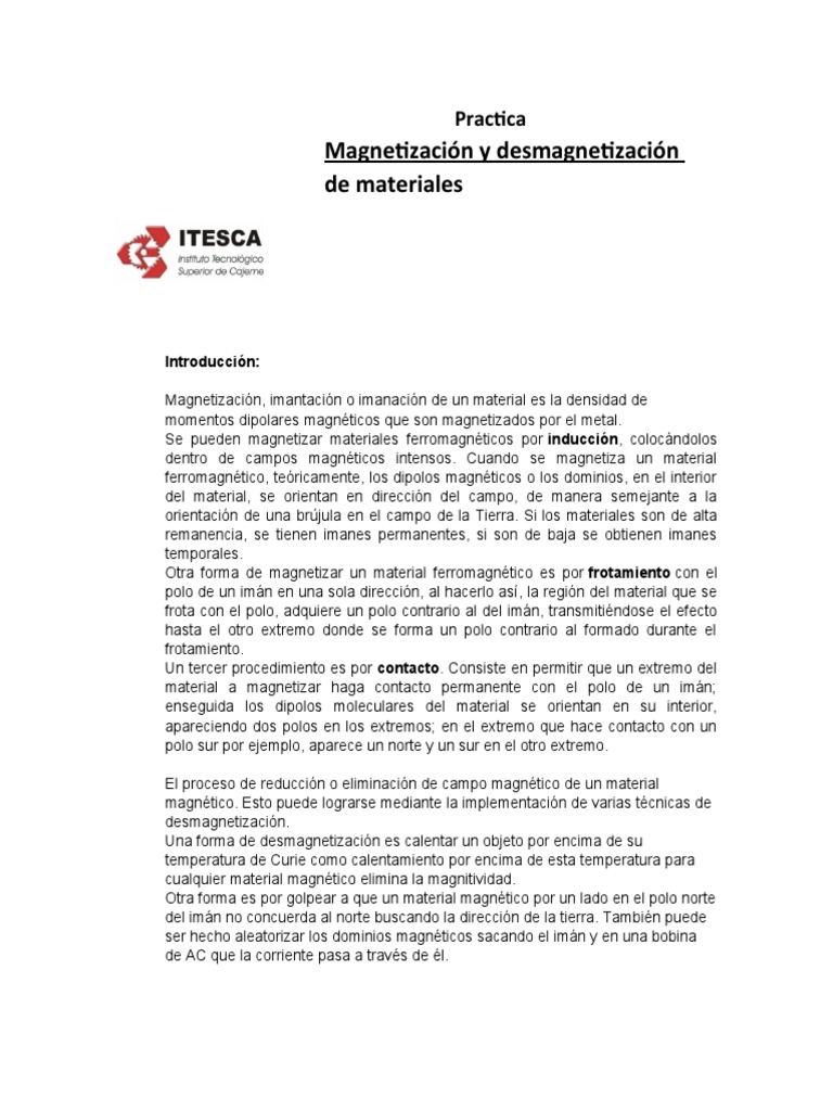 Practica de magnetizacion y desmagnetizacion de materiales.docx | PDF