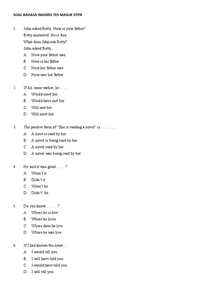 English Language Test Questions For Entry Into STPN Teacher Training