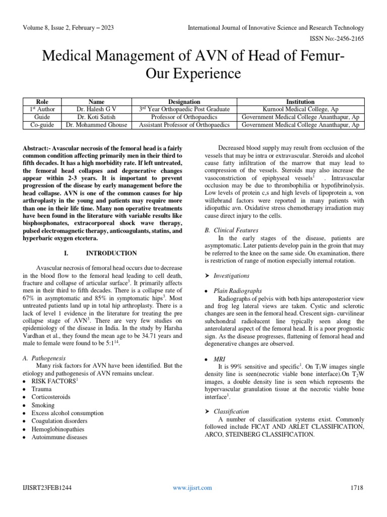 Medical Management of AVN of Head of FemurOur Experience | PDF | Angiogenesis | Diseases And ...