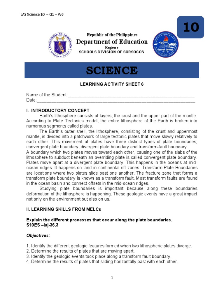 LAS Science Grade 10 - Q1 - Week 6 | PDF | Plate Tectonics | Rift