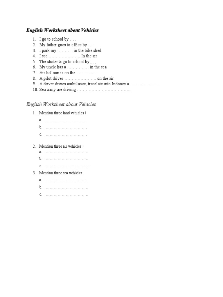 English Worksheet: Vehicle Types | PDF