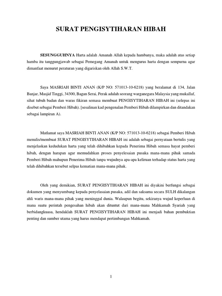 Surat Pengisytiharan Hibah PDF | PDF