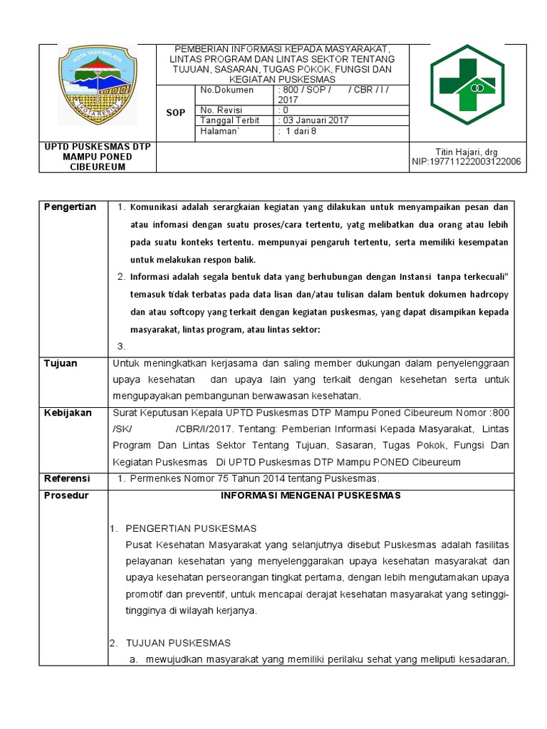 SOP Uptd Puskesmas DTP Mampu Poned Cibeureum: Pengertian | PDF