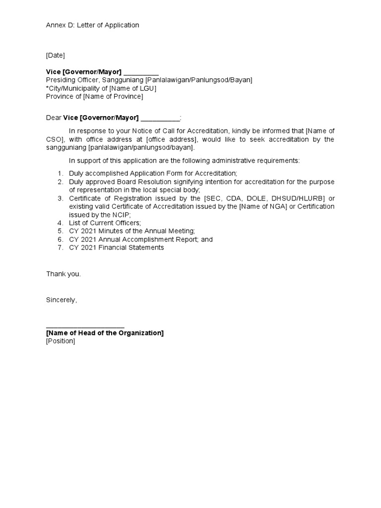Annex D Letter of Application | PDF