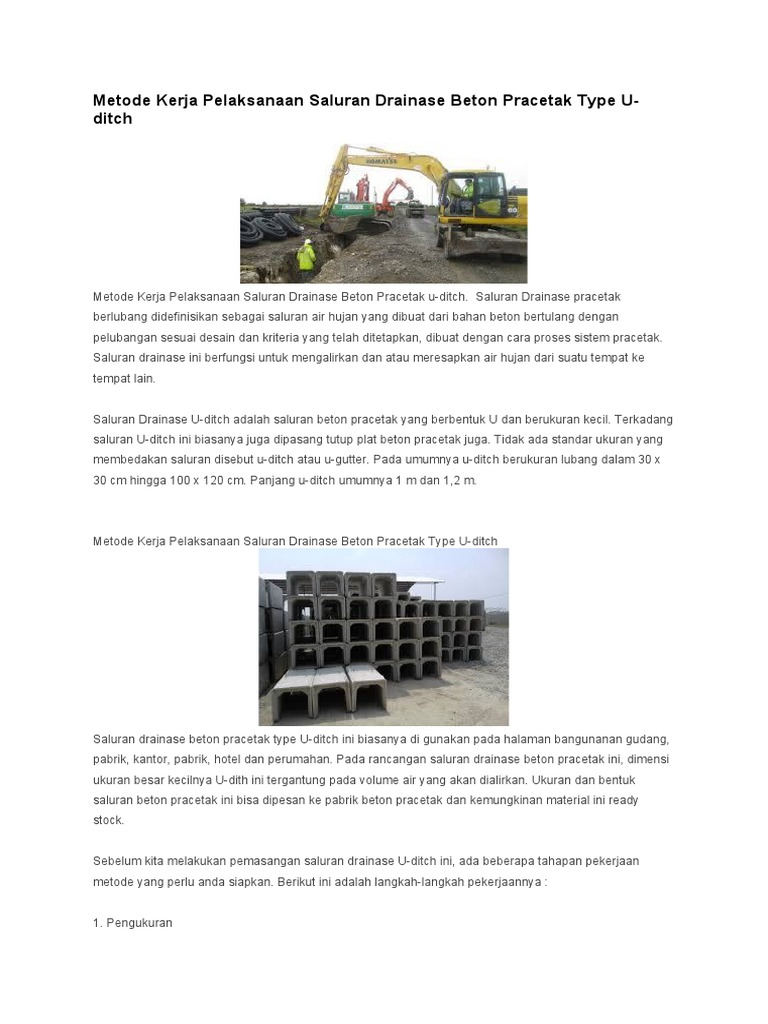 Metode Kerja Pelaksanaan Saluran Drainase Beton Pracetak Type U | PDF