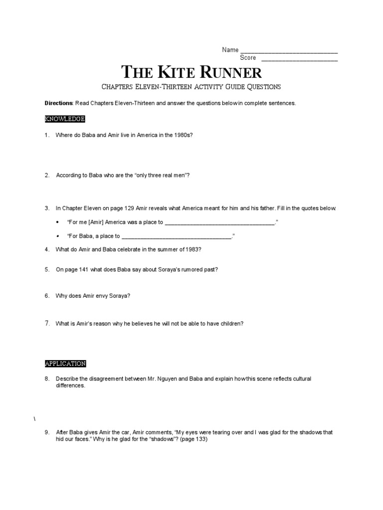 Kite Runner Chapters 11-15 Study Guide | PDF | Irony | Syntax