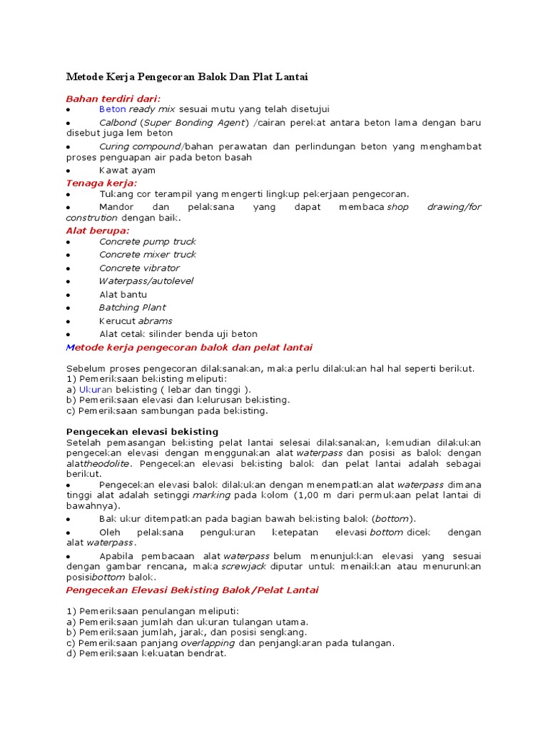 Metode Kerja Pengecoran Balok Dan Plat Lantai DD | PDF
