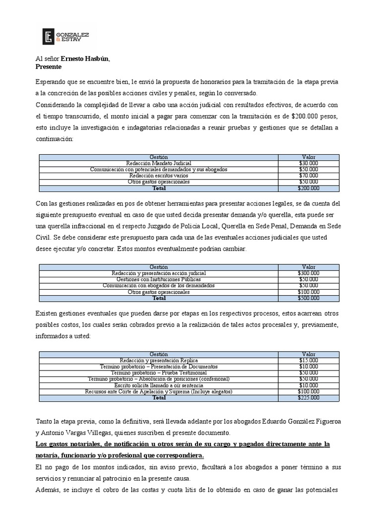 Propuesta Honorarios Ernesto Hasbun | PDF | Queja | Justicia