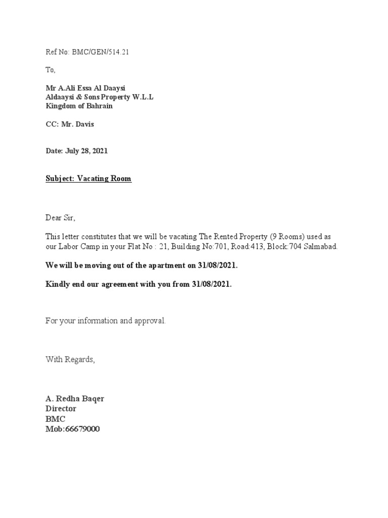 Accomodation Vaccating Letter Al Daaysi | PDF