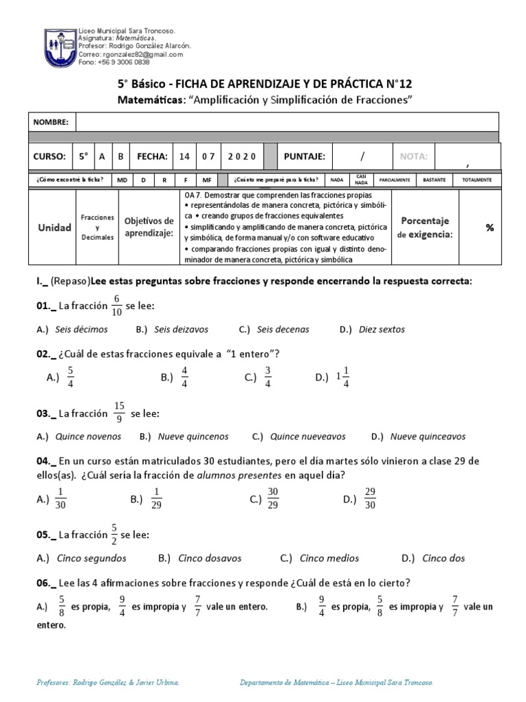 Hoja De Trabajo Sobre Simplificación De Fracciones
