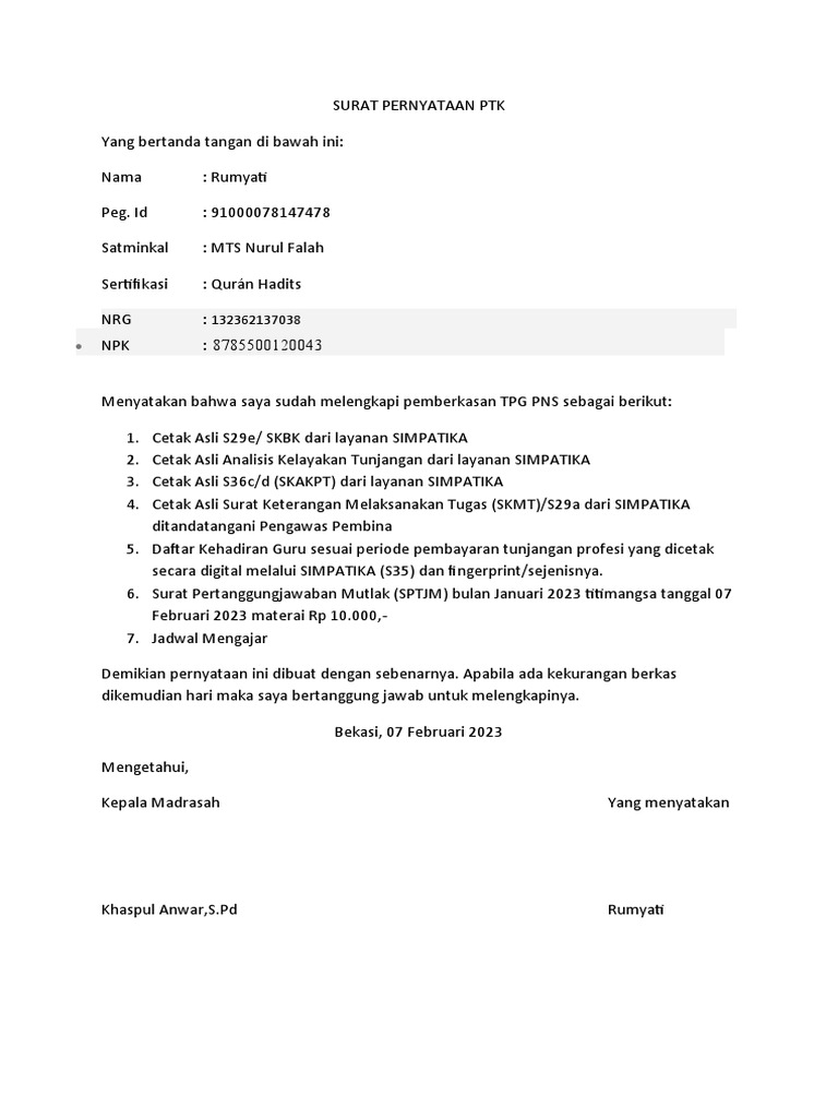 Surat Pernyataan PTK | PDF