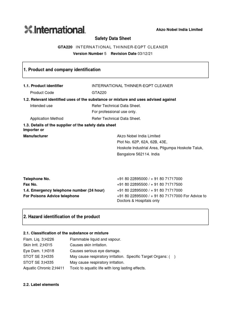 MSDS Thinner International GTA220 | PDF | Toxicity | Solvent