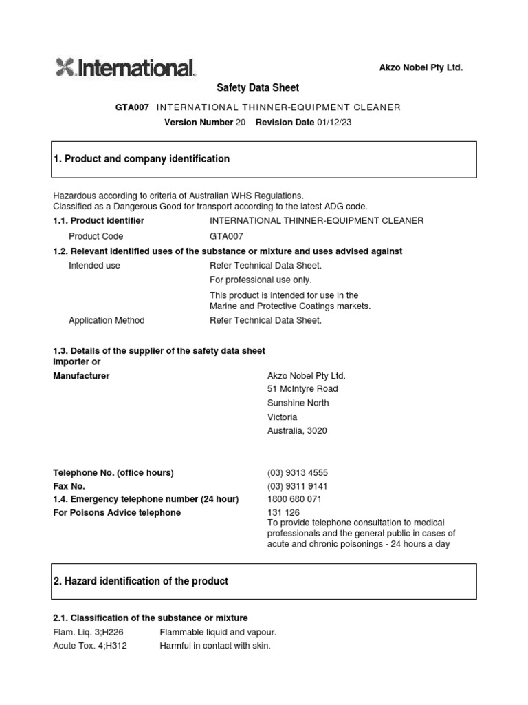 GTA007 International Thinner Safety Data | PDF | Toxicity | Chemical ...